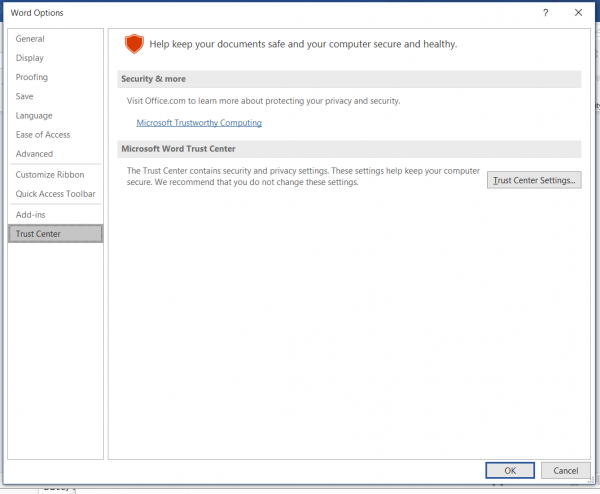 Microsoft Word Trust Center – WinScore Microsoft Word Trust Center – WinScore